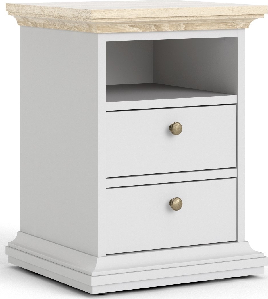 Paris smalt nattbord med 2 skuffer og 1 åpent rom - Hvit/eik - 2995 ...