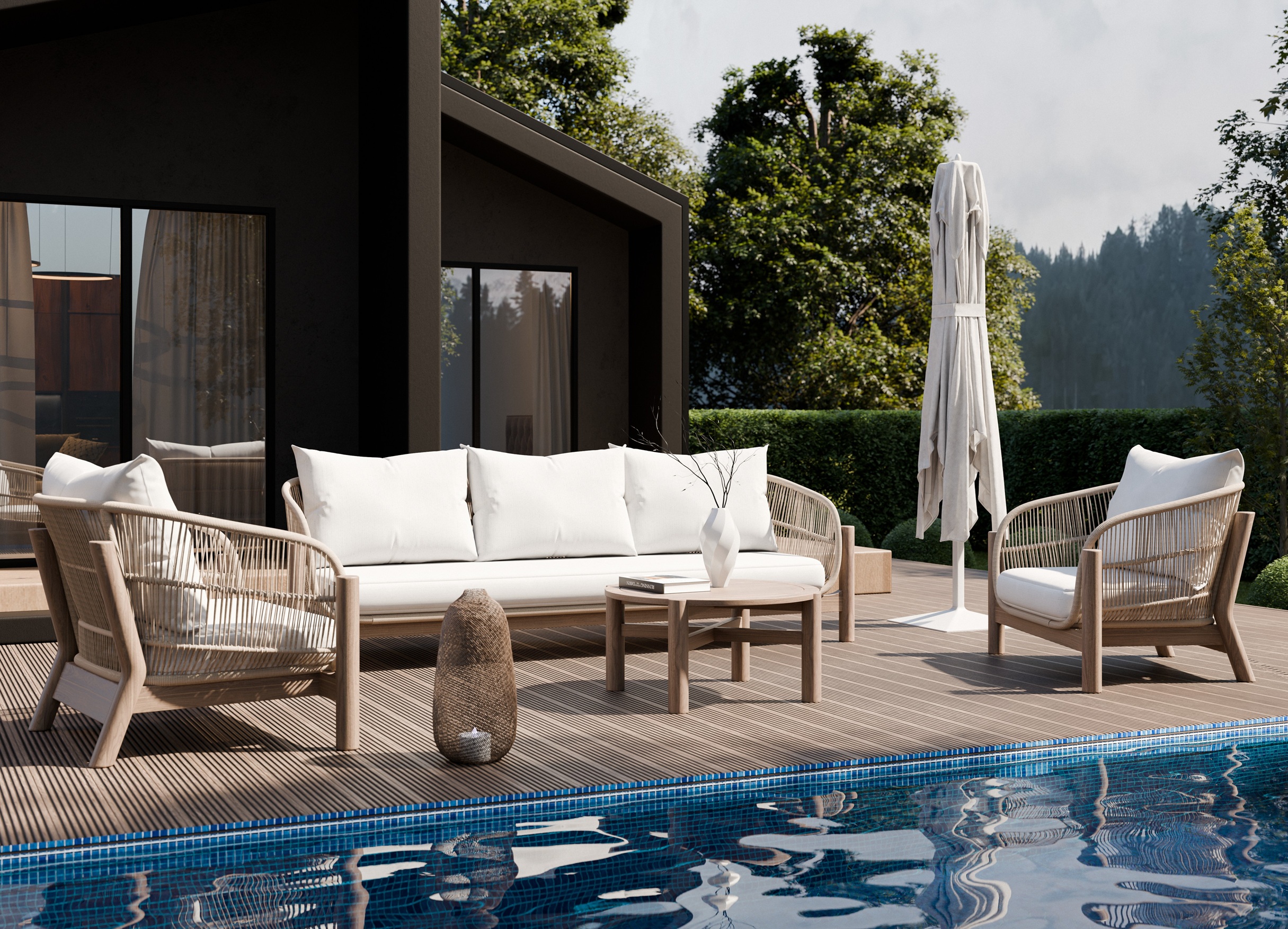 Bellagio utegruppe i teakfarget tre med tau og lyse puter - 18995 ...