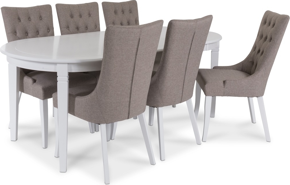 Sandhamn Spisegruppe ovalt bord med 6 Saga stoler i Beige stoff - 13995 ...