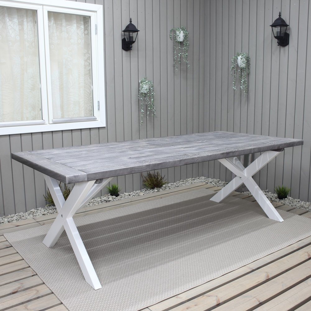Oxford utendørs spisegruppe: grått/hvitt bord 220 cm, inkludert 6 stk ...
